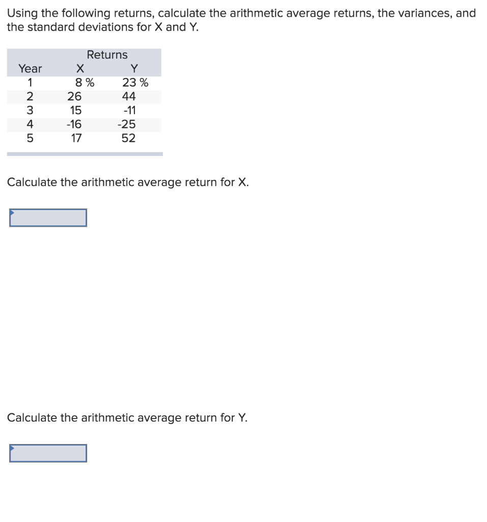 Solved Using the following returns, calculate the arithmetic | Chegg.com