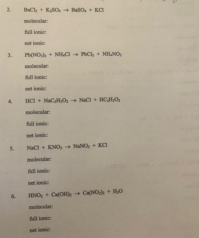 Solved 2. BaCl2 + K2SO4 → BaSO4 + KCI molecular: full ionic: | Chegg.com