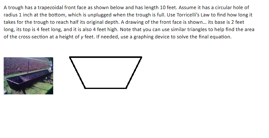 Solved A trough has a trapezoidal front face as shown below | Chegg.com