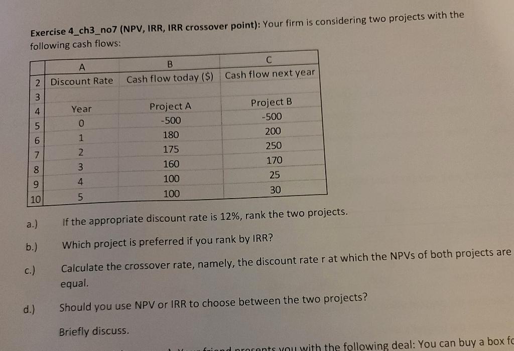Solved Exercise 4_ch3_no7 (NPV, IRR, IRR crossover point): | Chegg.com