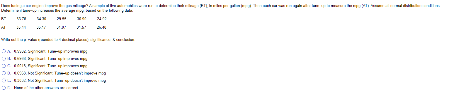 Solved Determine if tune-up increases the average mpg, based | Chegg.com