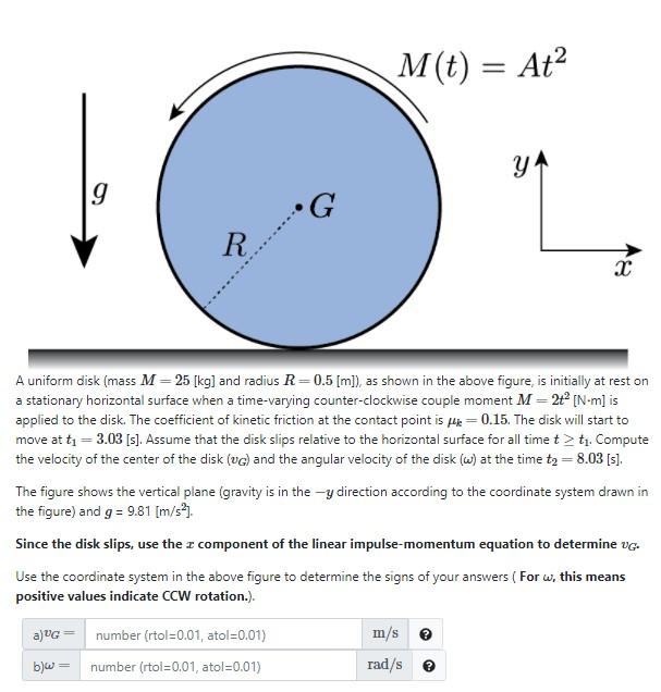 Solved M(t) = At2 YA 9 G R х A uniform disk (mass M=25 [kg] | Chegg.com