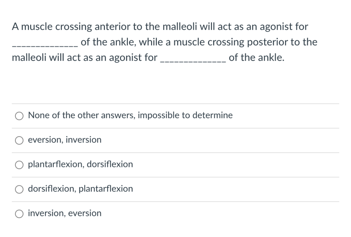Solved A muscle crossing anterior to the malleoli will act | Chegg.com