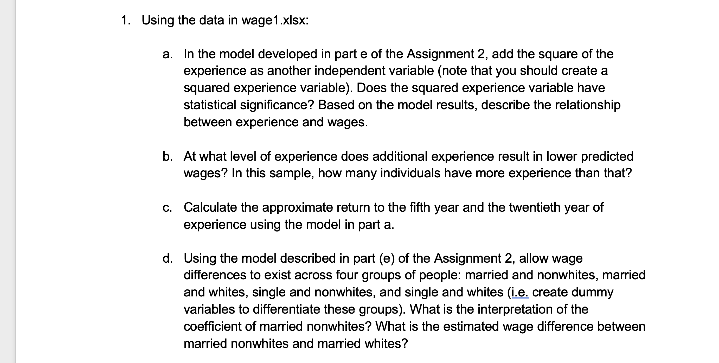 Solved Using the data in wage1.xlsx: a. In the model | Chegg.com