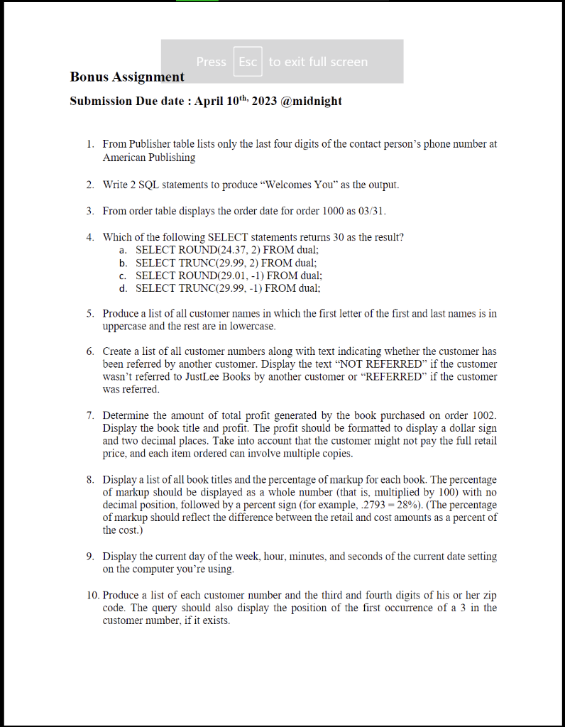 Solved Bonus Assignment Submission Due date : April 10 10th | Chegg.com