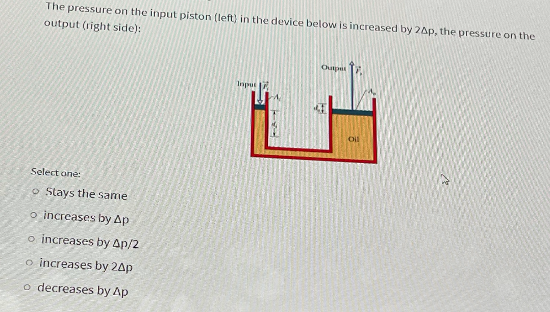 Solved The pressure on the input piston (left) in the device | Chegg.com
