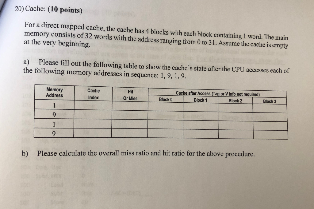 20) Cache: (10 points) For a direct mapped cache, the | Chegg.com