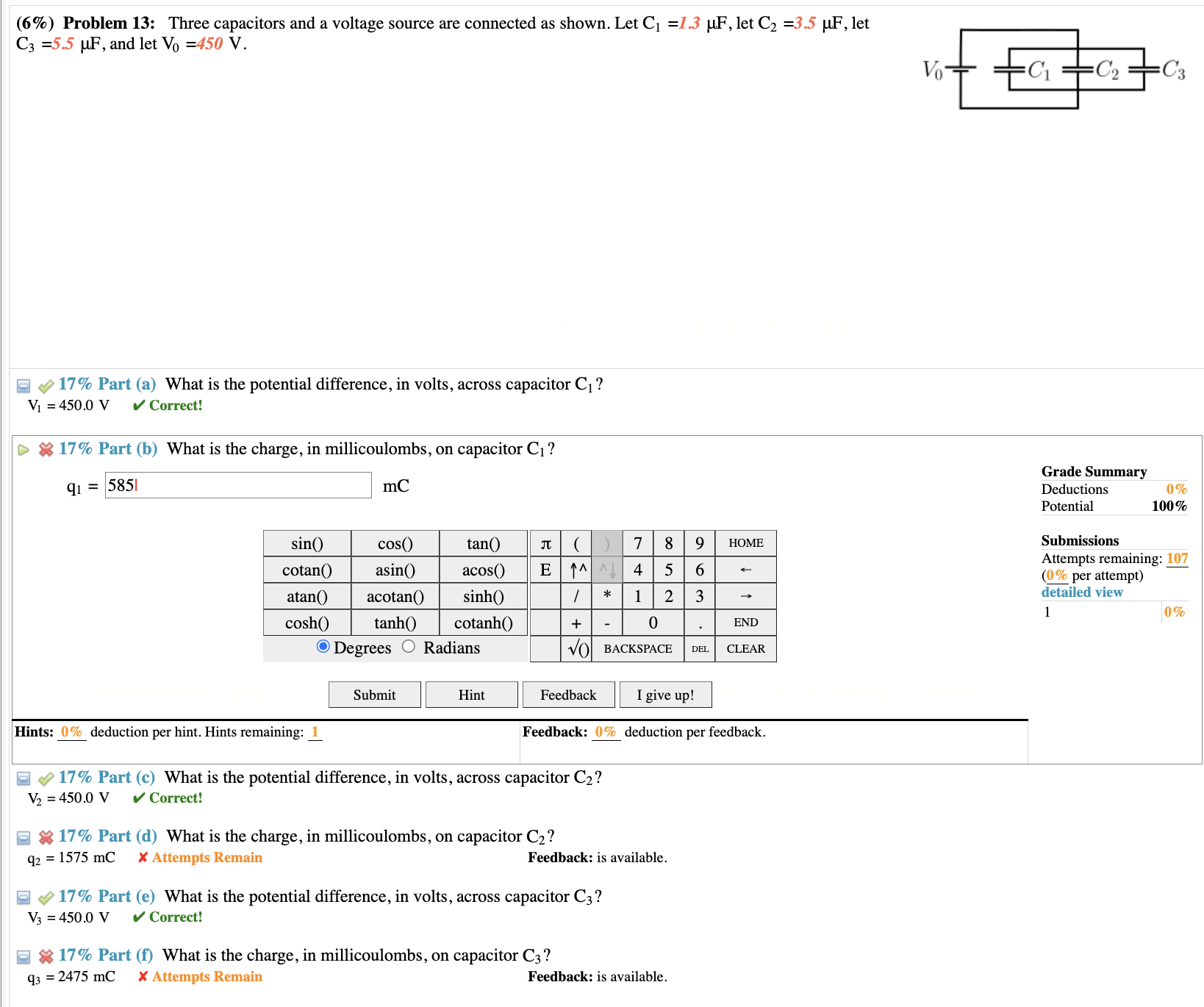 Solved (6\%) Problem 13: Three capacitors and a voltage | Chegg.com