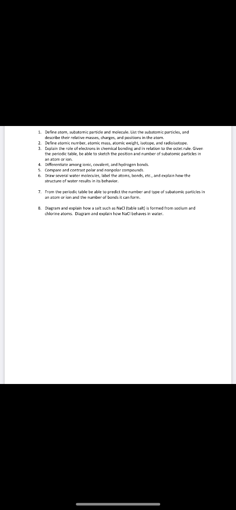 Solved 1. Define atam, subatomic partide and molecule. List | Chegg.com
