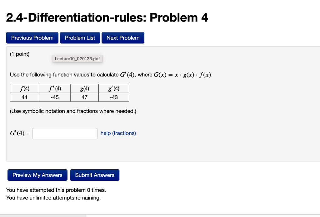 Solved 2.4-Differentiation-rules: Problem 4 (1 point) Use | Chegg.com