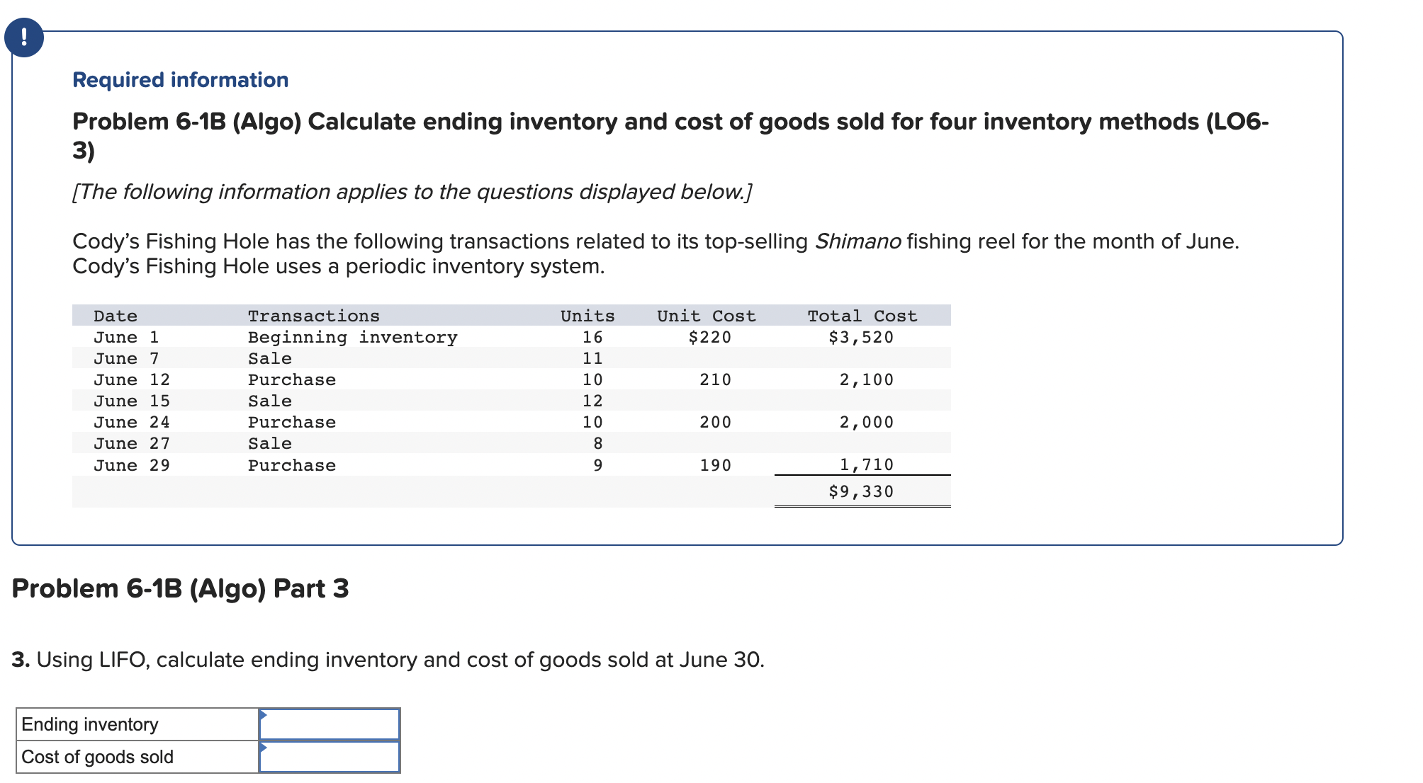 Solved Problem 6-1B (Algo) Calculate ending inventory and | Chegg.com