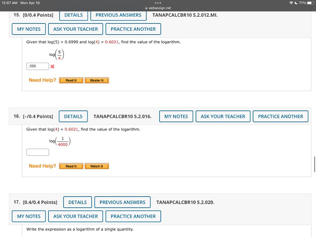 Solved Given that log(5)≈0.6990 and log(4)≈0.6021, find the | Chegg.com