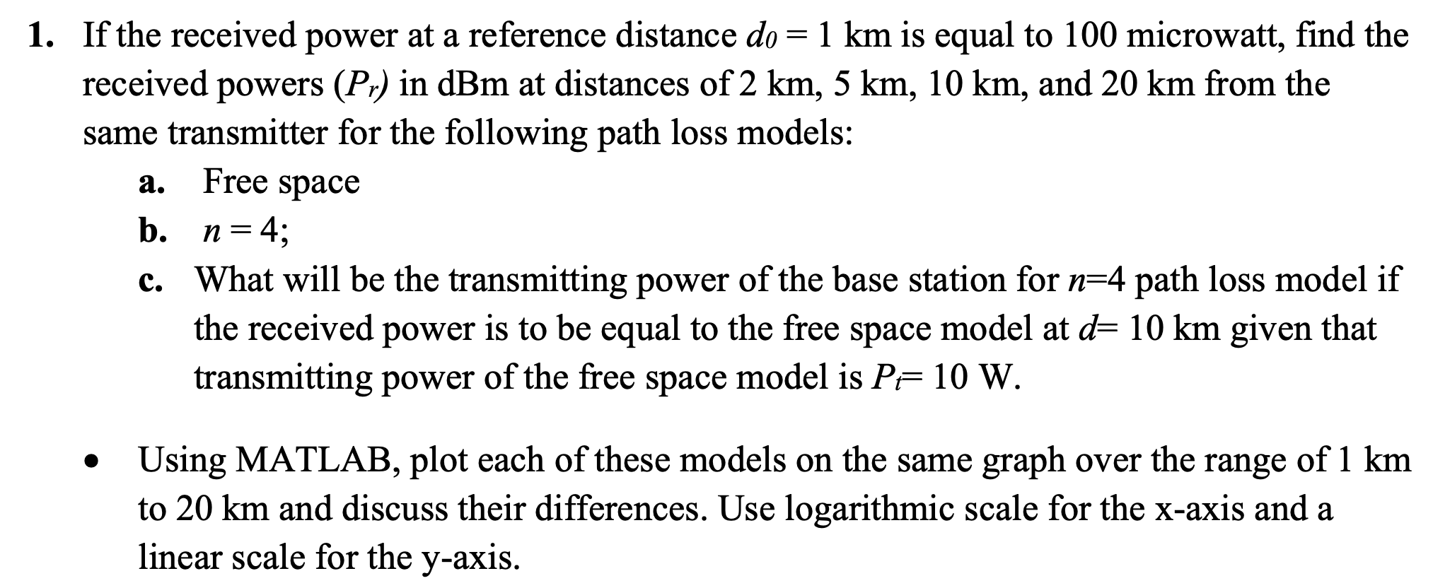 Solved 1. If the received power at a reference distance do = | Chegg.com
