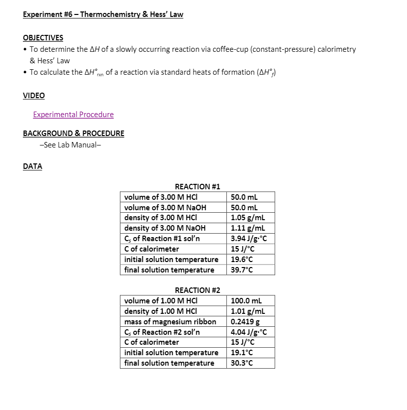 Solved Experiment #6 - Thermochemistry & Hess' Law | Chegg.com