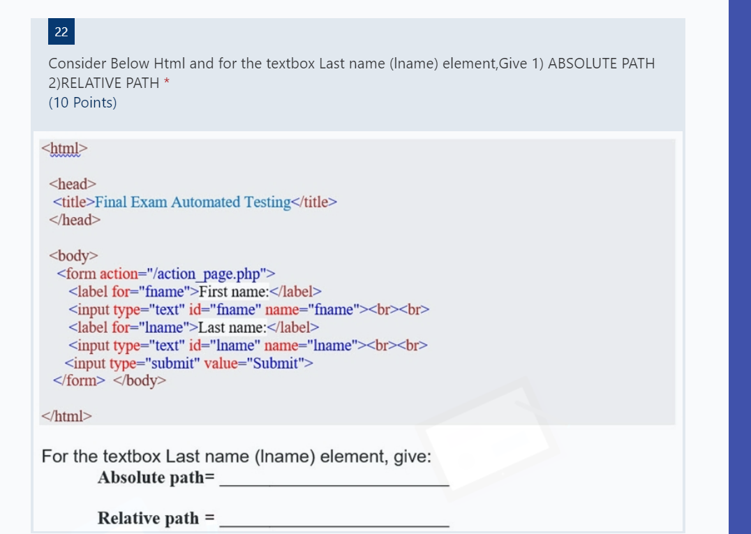 Solved 22 Consider Below Html and for the textbox Last name | Chegg.com