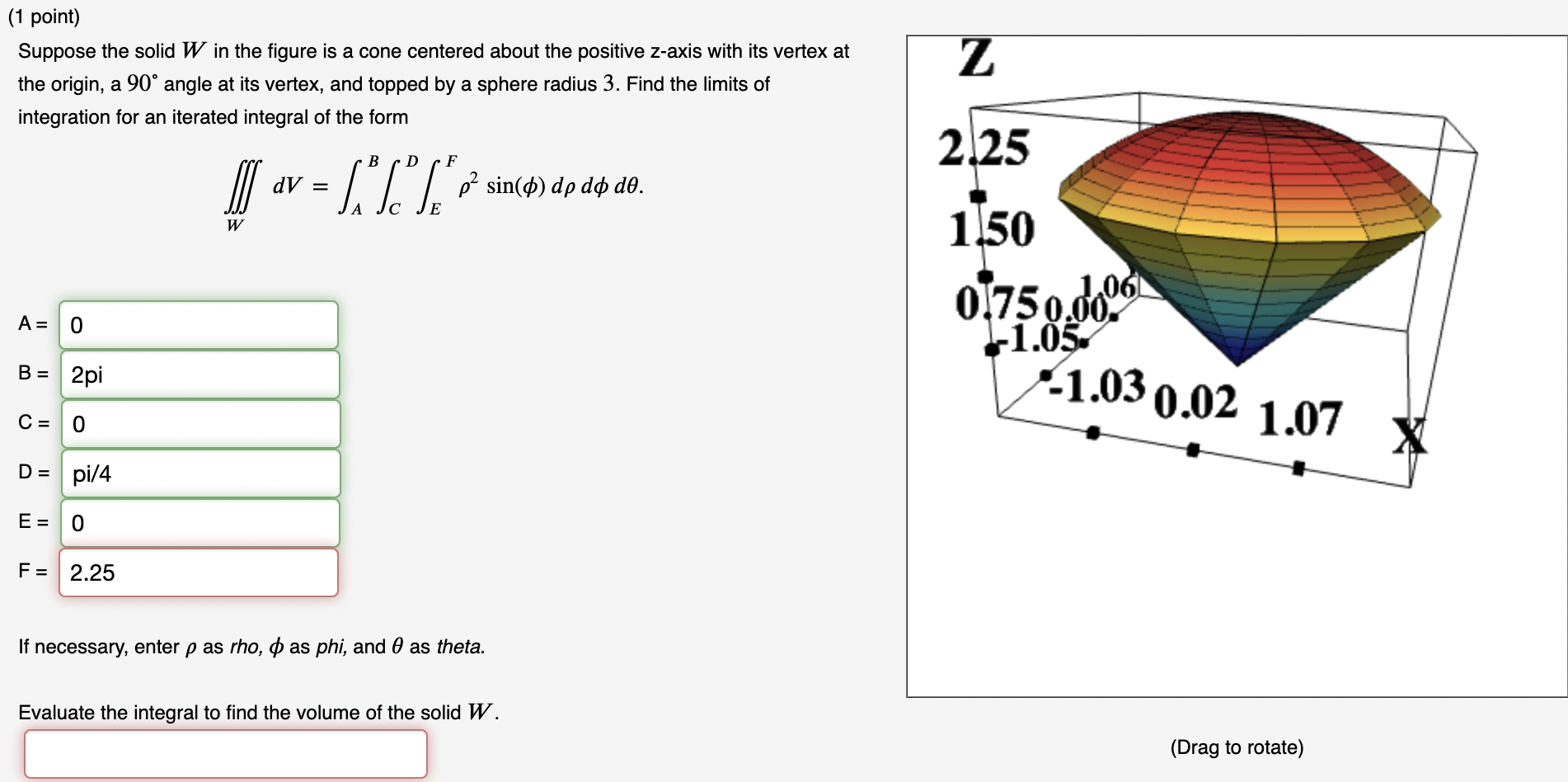 Solved (1 point) Suppose the solid W in the figure is a cone | Chegg.com