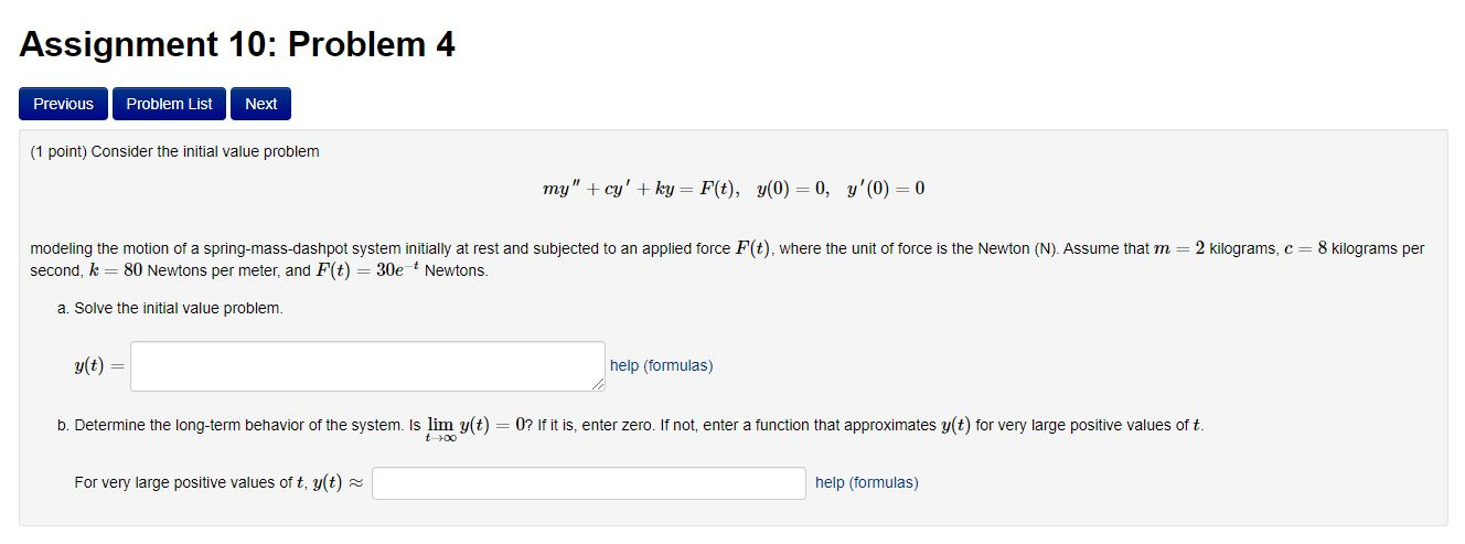 Solved Assignment 10: Problem 4 Previous Problem List Next | Chegg.com