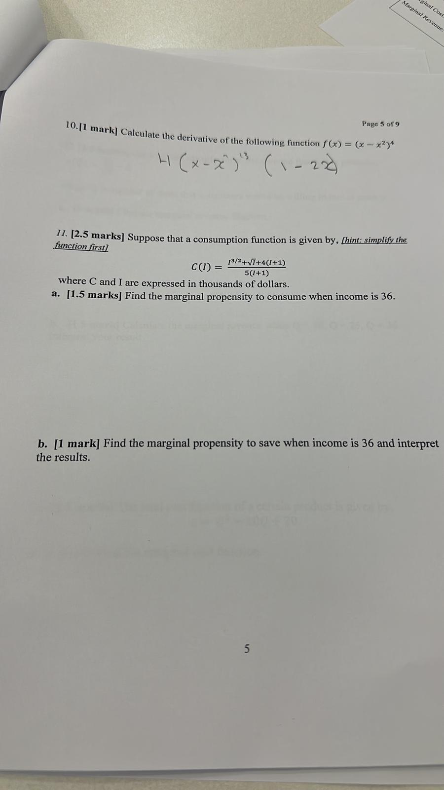 Solved 10. [1 mark] Calculate the derivative of the | Chegg.com