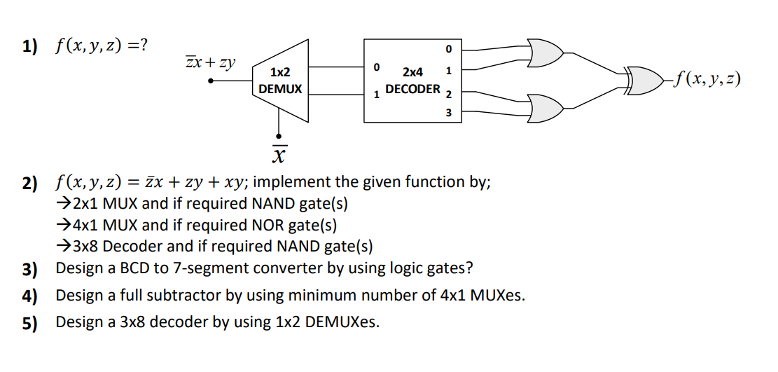 Solved 1) f(x,y,z)= ? 2) f(x,y,z)=zˉx+zy+xy; implement the | Chegg.com