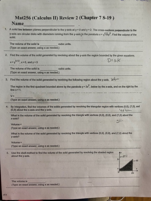 Solved Mat256 (Calculus II) Review 2 (Chapter 7 S-19) Name | Chegg.com