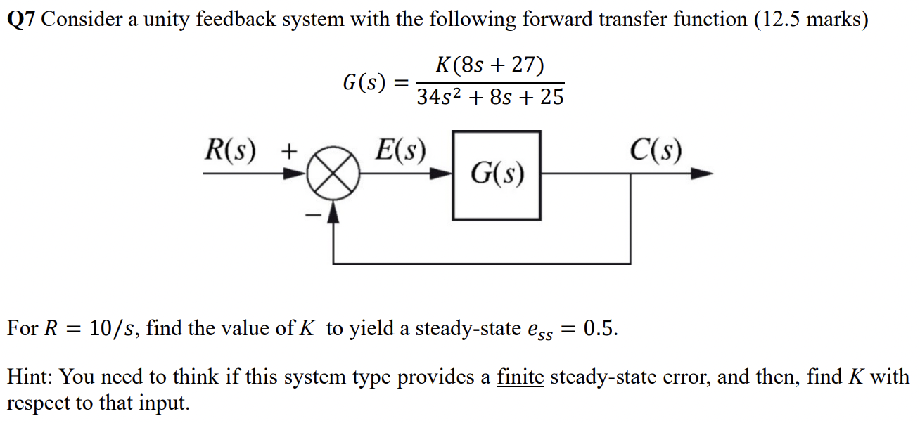 Solved Consider a unity feedback system with the following | Chegg.com
