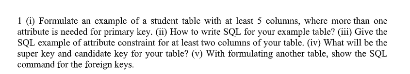 Solved a 1 (i) Formulate an example of a student table with | Chegg.com