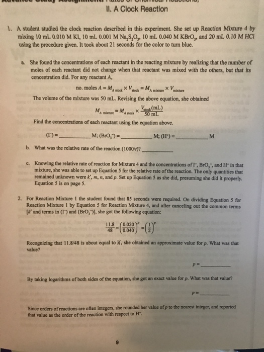 Solved Il. A Clock Reaction 1. A student studied the clock | Chegg.com