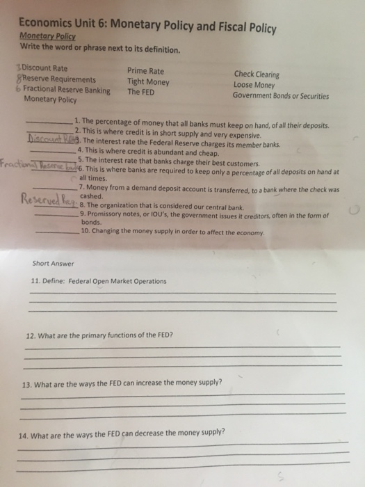 Solved Economics Unit 6: Monetary Policy and Fiscal Policy | Chegg.com