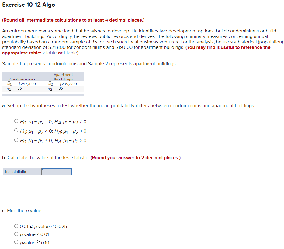 Solved Exercise 10-12 Algo (Round all intermediate | Chegg.com