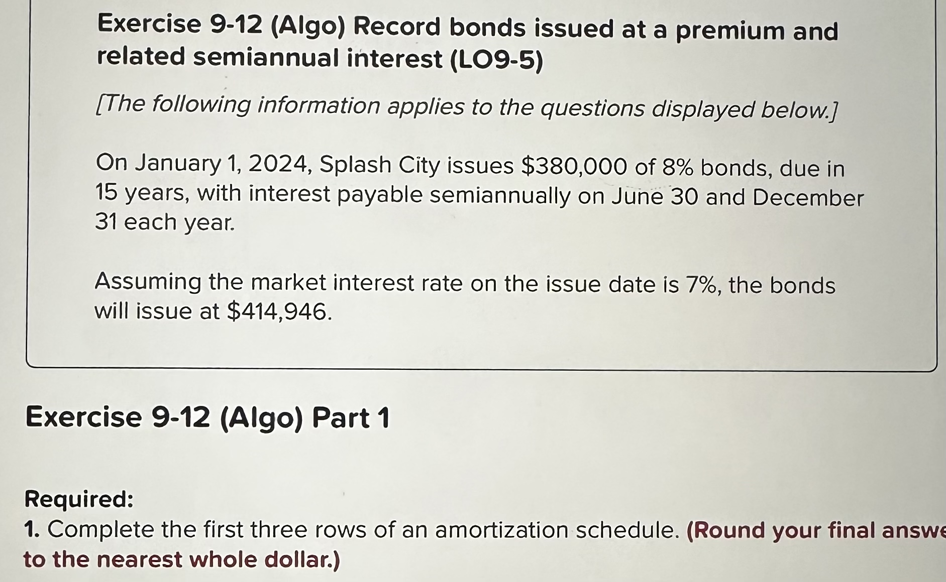 Solved Exercise 9-12 (Algo) Record bonds issued at a premium | Chegg.com
