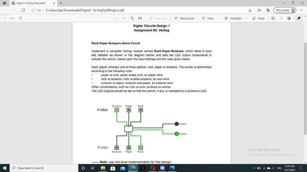 Solved Rock-Paper-Scissors Game Circuit Implement a complete | Chegg.com