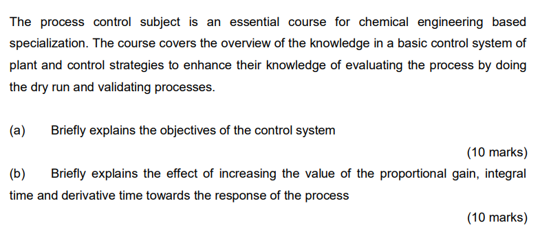 Solved The process control subject is an essential course | Chegg.com
