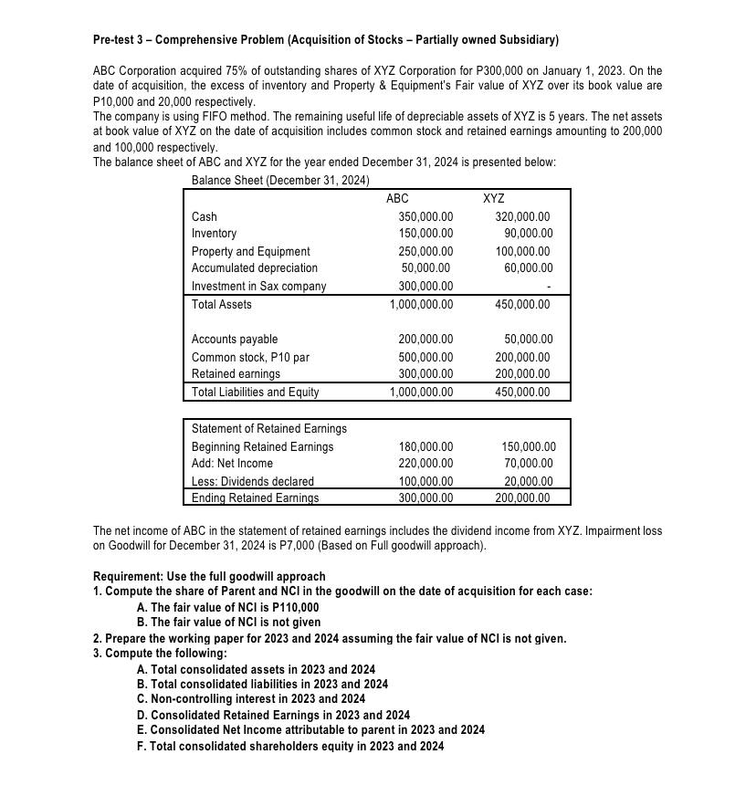 Solved Pre-test 3 - Comprehensive Problem (Acquisition of | Chegg.com