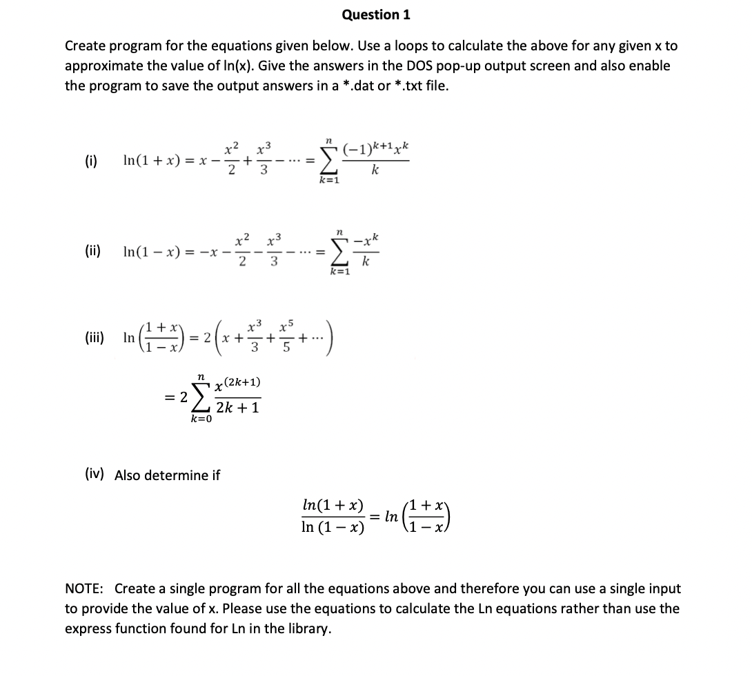 Solved Question 1 Create program for the equations given | Chegg.com
