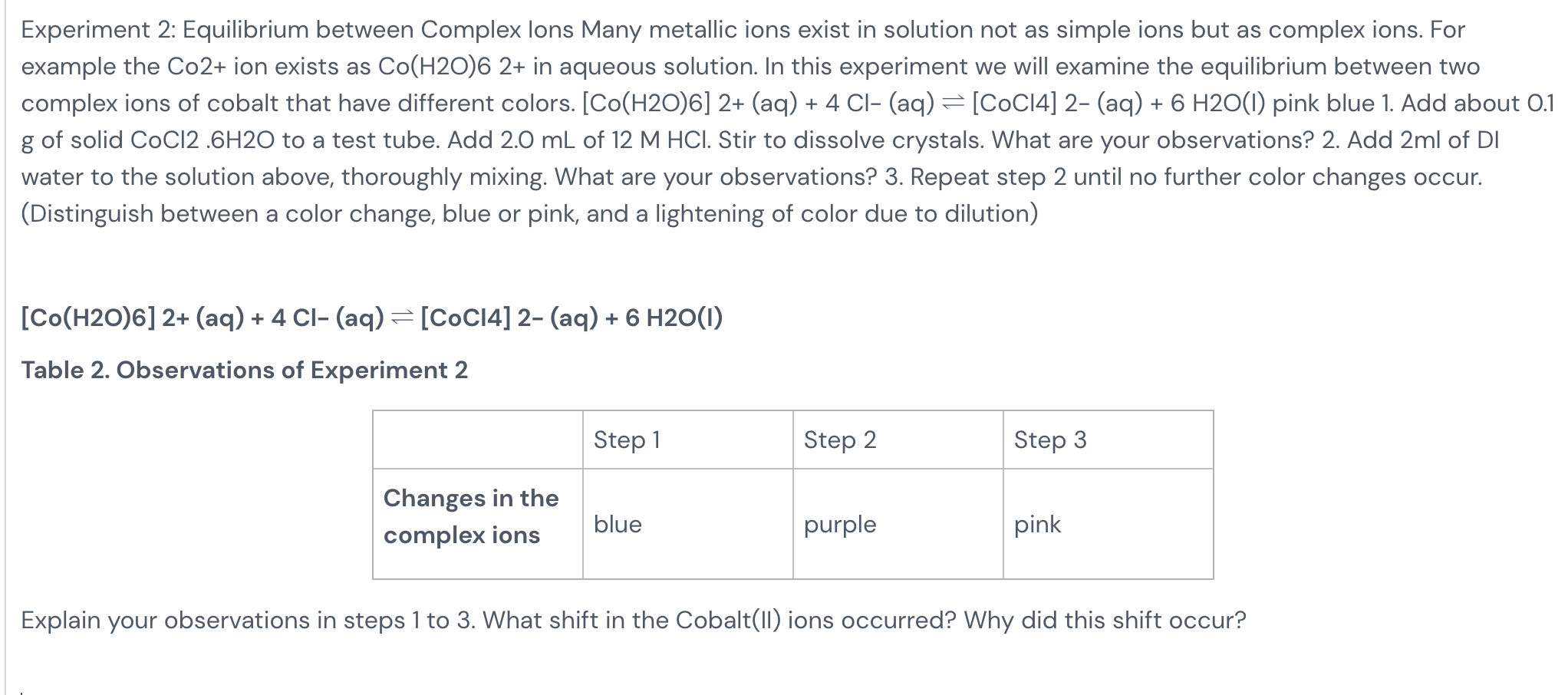 Solved Experiment 2: Equilibrium between Complex lons Many | Chegg.com