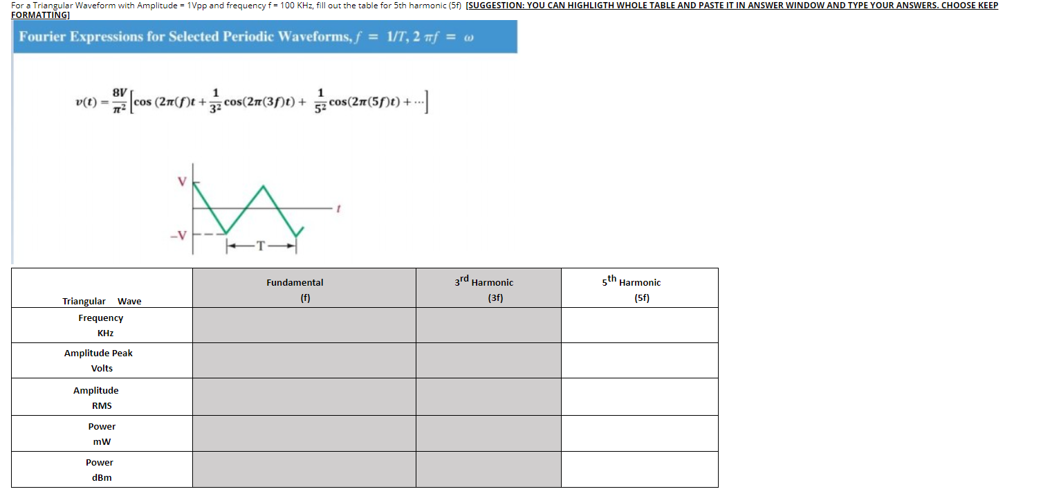 Solved For a Triangular Waveform with Amplitude = 1Vpp and | Chegg.com