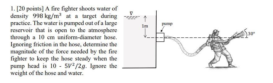 Solved V 个 1m pump 30° 1. [20 points] A fire fighter shoots | Chegg.com
