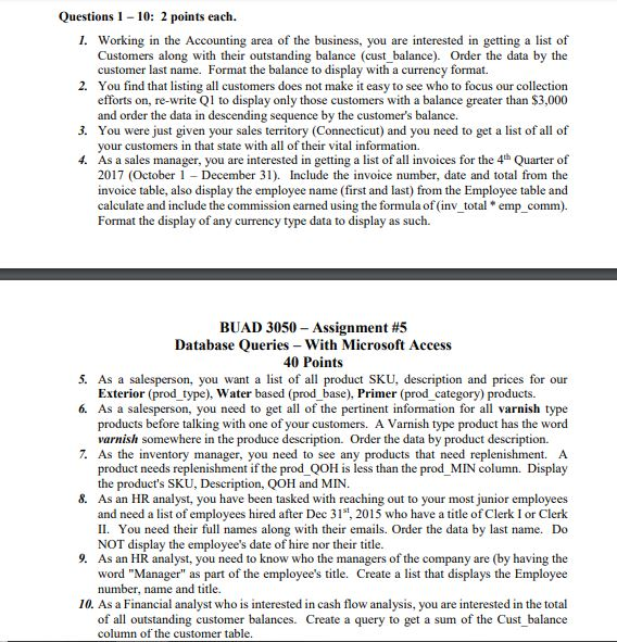 BUAD 3050 Assignment # 5 Database Queries With | Chegg.com