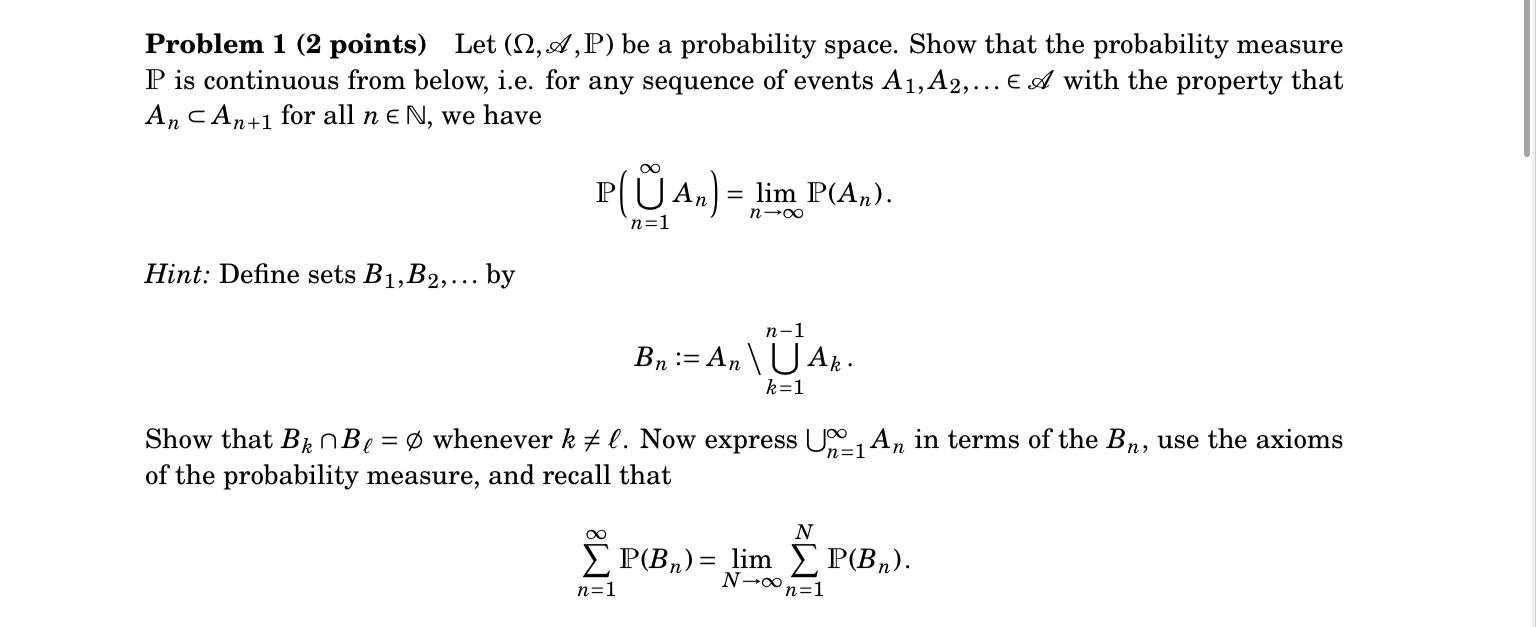 Solved Problem 1 (2 points) Let (Ω,A,P) be a probability | Chegg.com