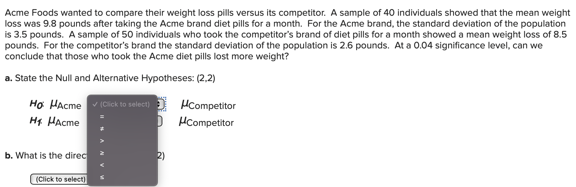Solved Acme Foods wanted to compare their weight loss pills | Chegg.com