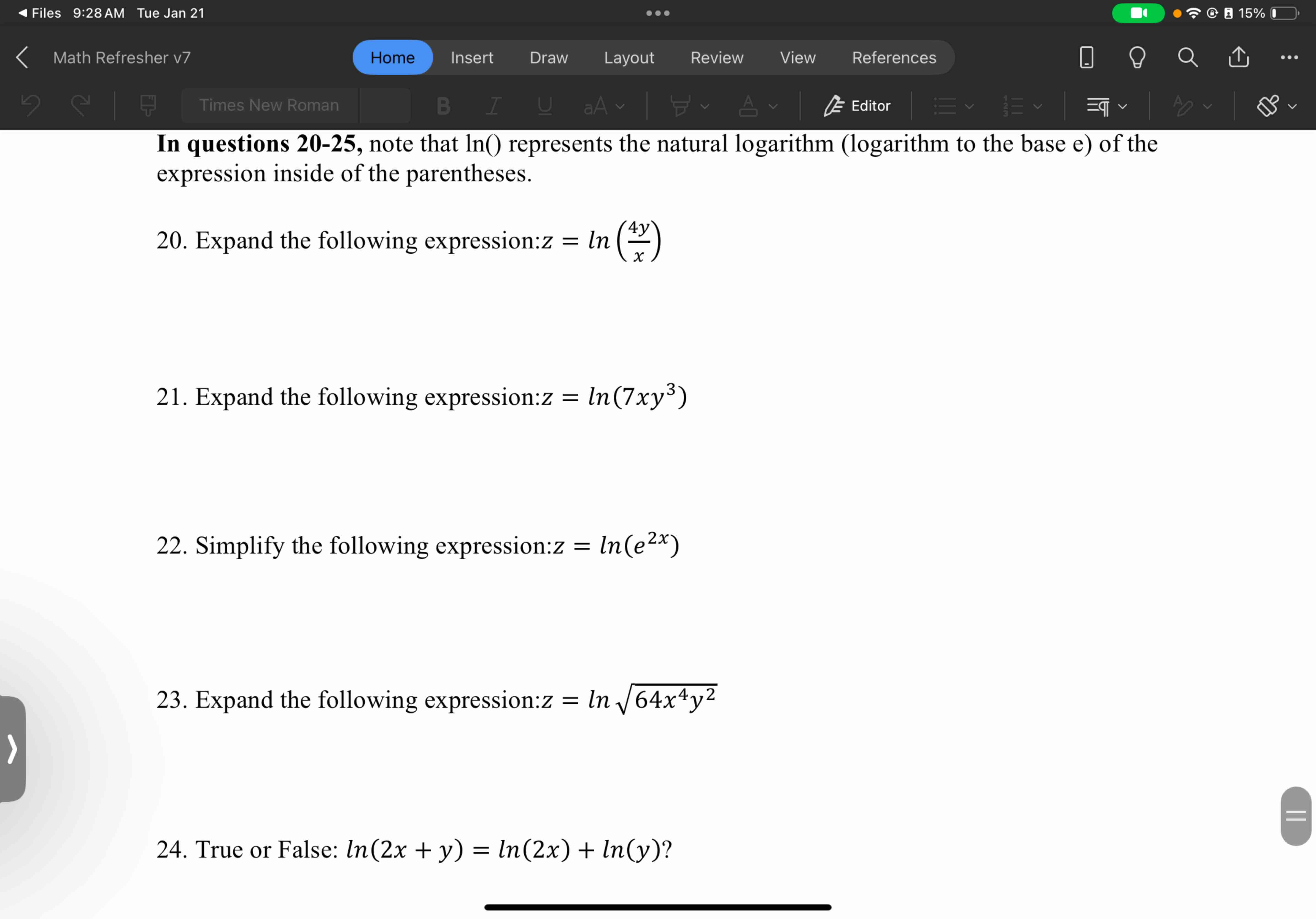 Solved In ﻿questions 20-25, ﻿note that ln() ﻿represents the | Chegg.com