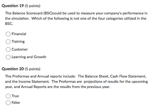 Solved Question 19 (5 ﻿points)The Balance Scorecard | Chegg.com