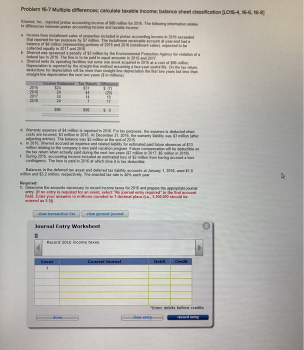 Solved Problem 16-7 Multiple differences; calculate taxable | Chegg.com