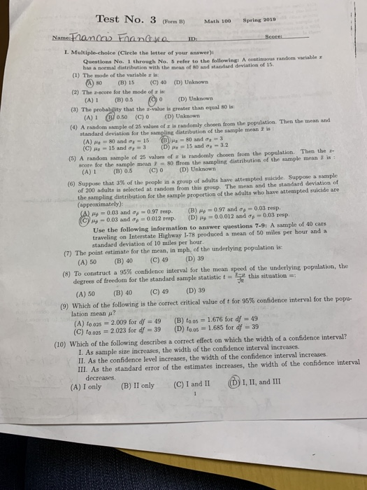 Solved Test No. 3 ( (Form B)Math 100 Spring 2019 I. | Chegg.com