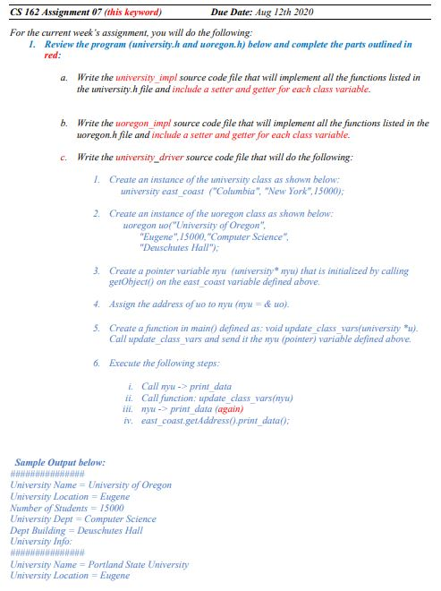 Solved CS 162 Assignment 07 (this keyword) Due Date: Aug | Chegg.com