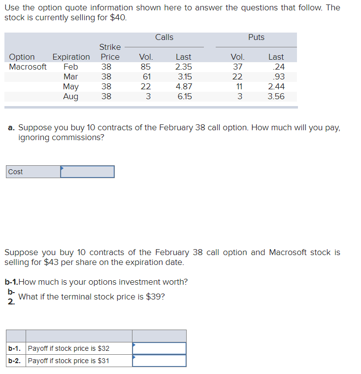 Solved Use the option quote information shown here to answer | Chegg.com