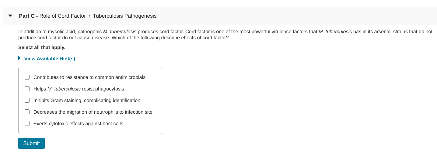 Solved Part C - Role of Cord Factor in Tuberculosis | Chegg.com