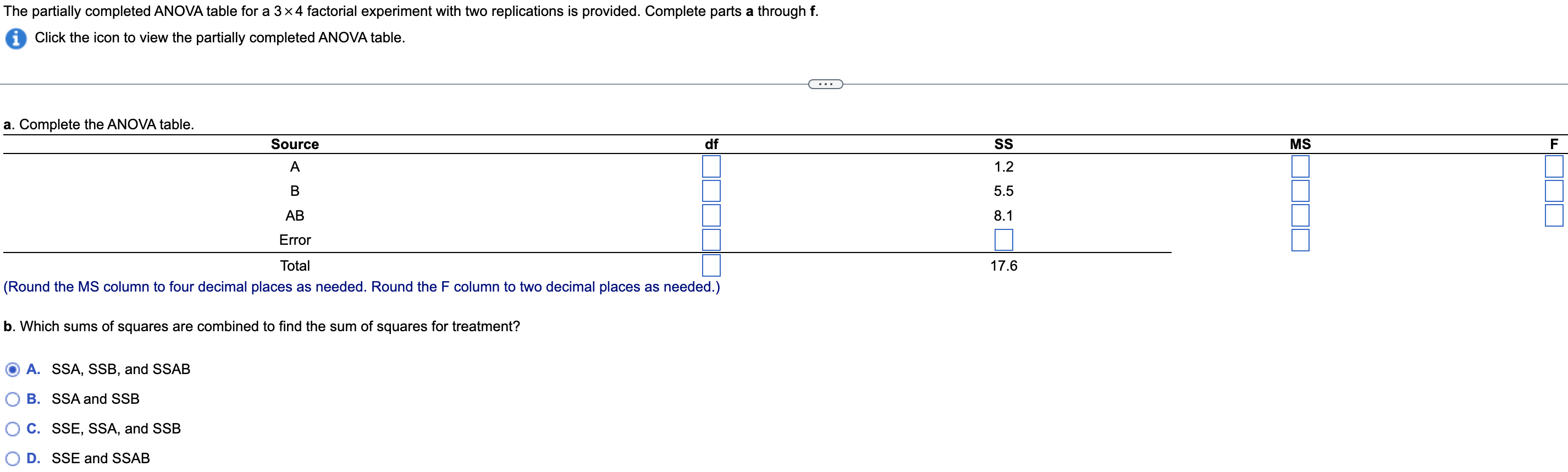The partially completed ANOVA table for a 3×4 | Chegg.com