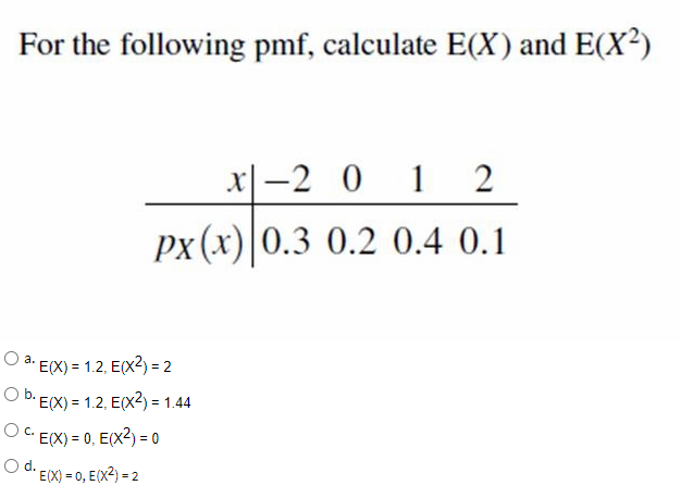 Solved For the following pmf, calculate E(X) and E(X2) x] -2 | Chegg.com