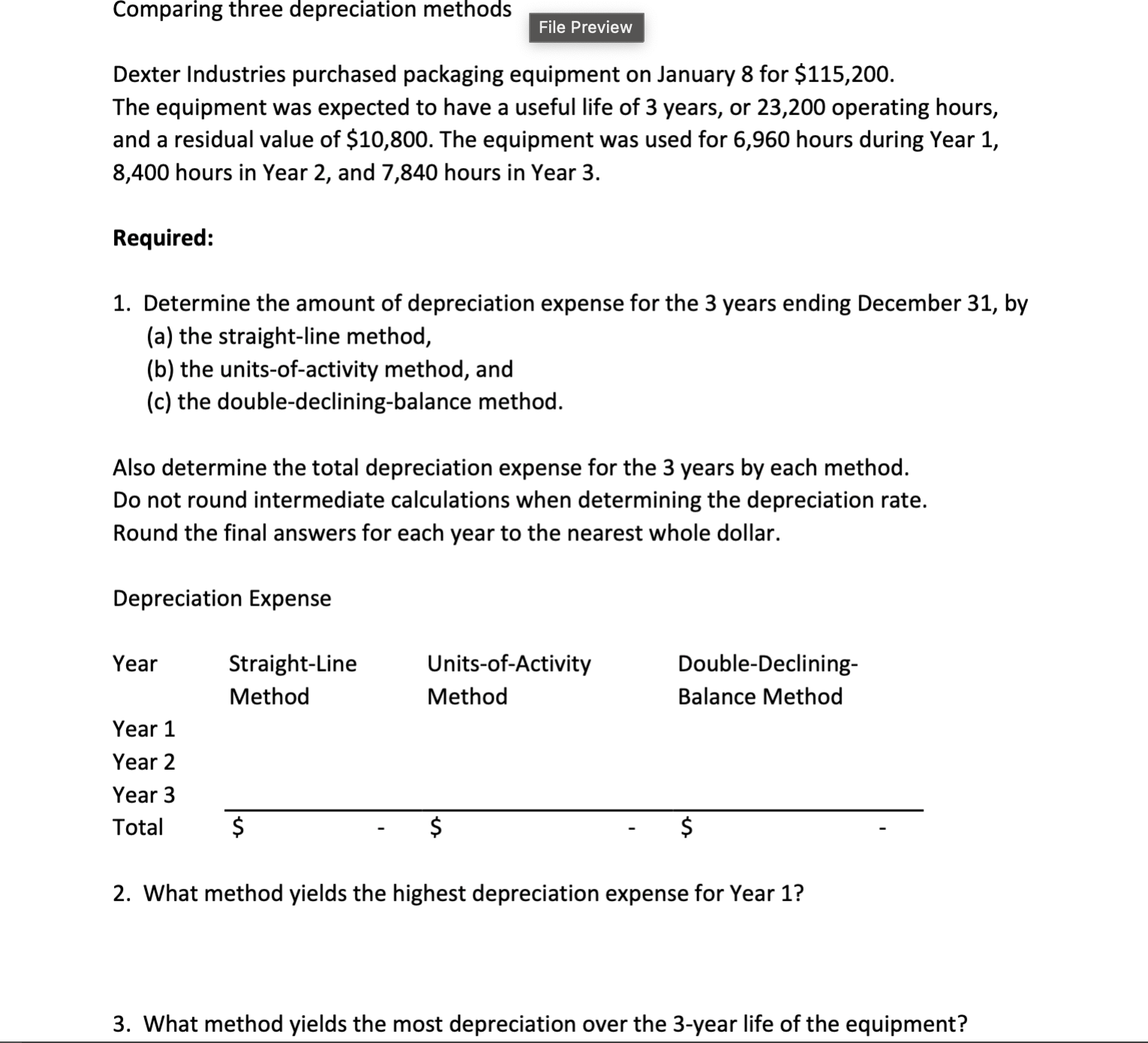 Solved Comparing three depreciation methodsDexter Industries | Chegg.com